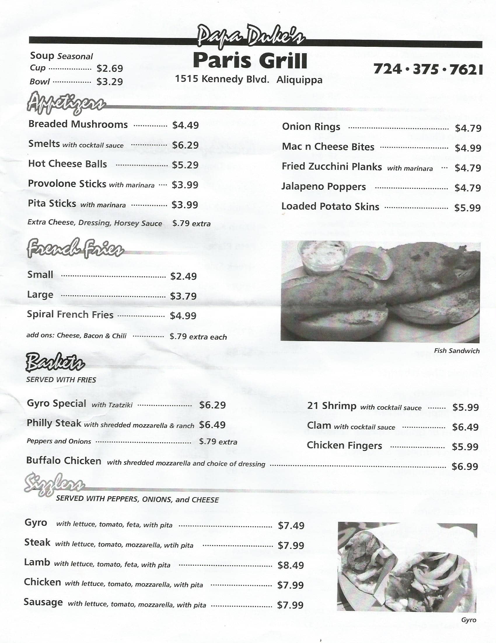 Menu at Paris Grill restaurant, Aliquippa