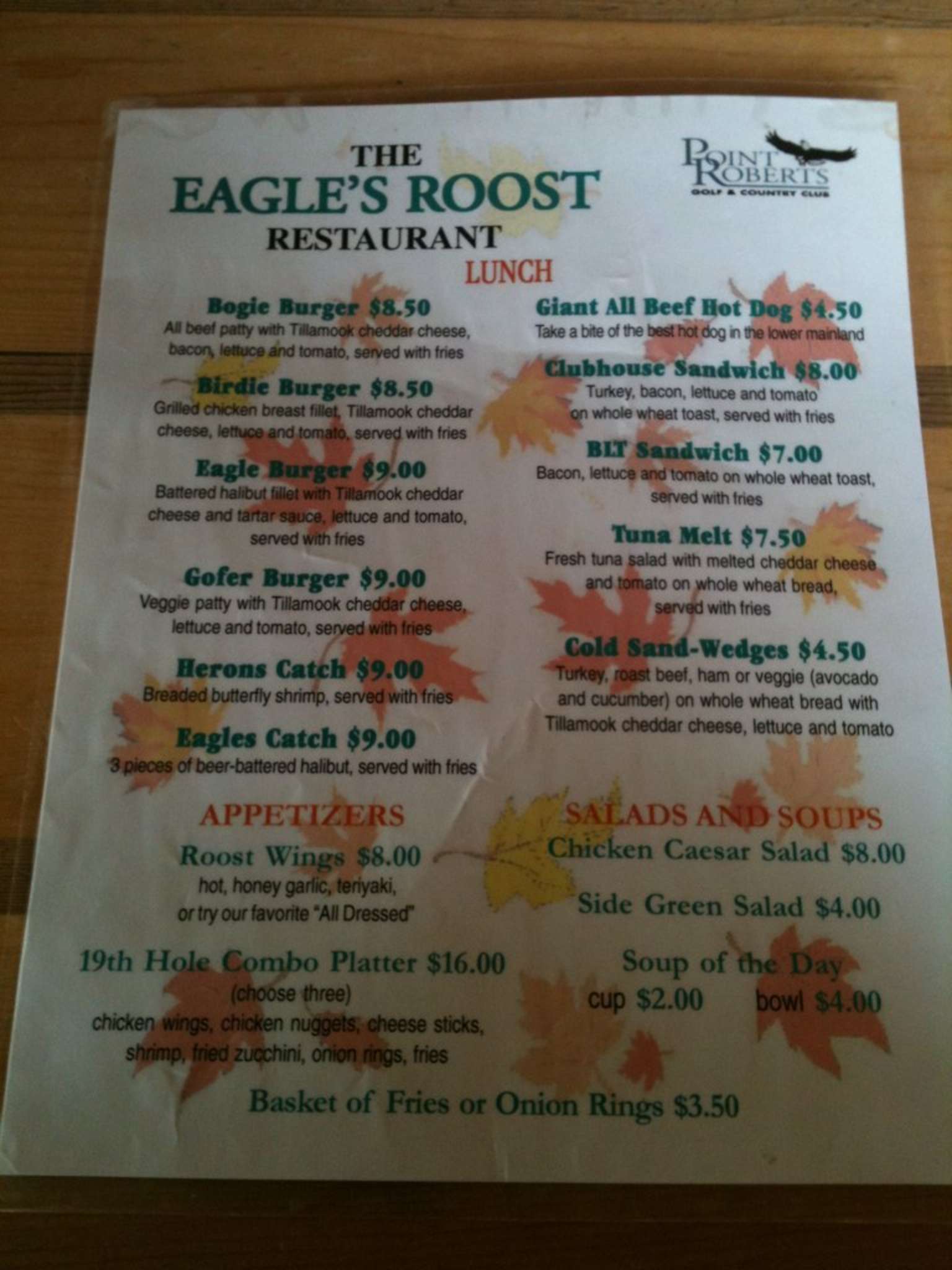 Menu at Eagle's Roost restaurant, Point Roberts