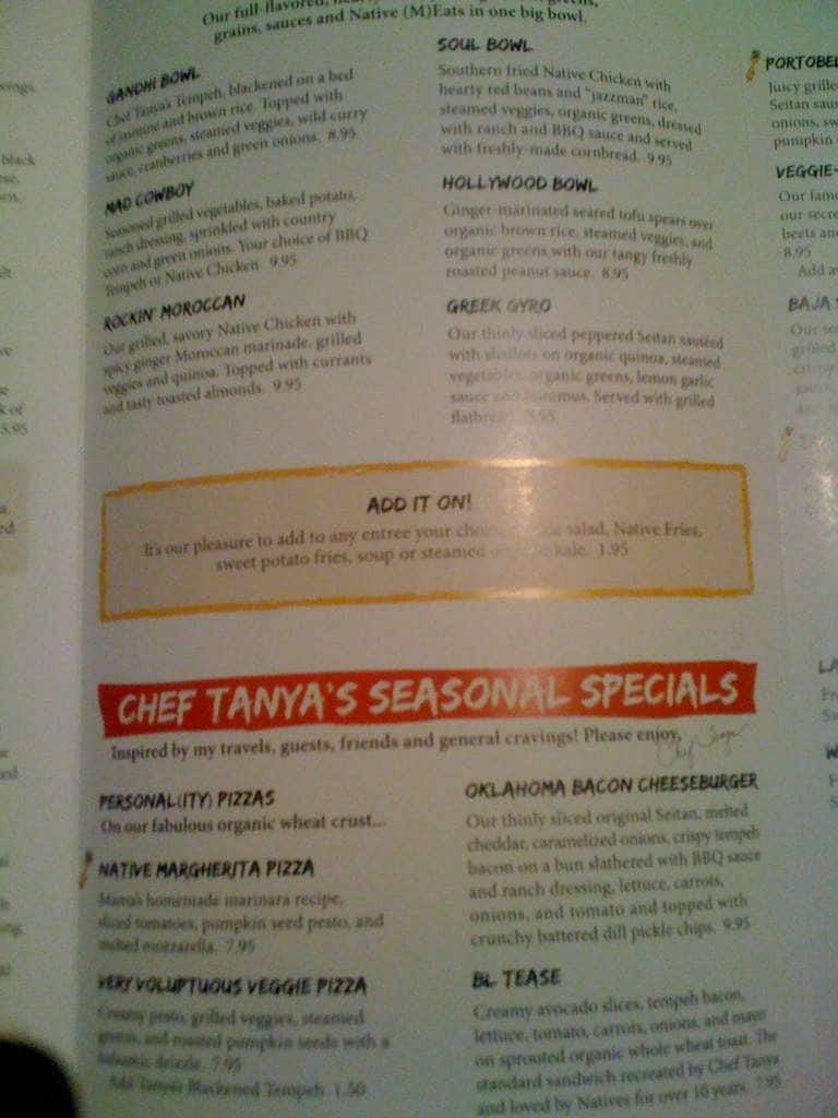 Menu at Native Foods restaurant, Palm Springs