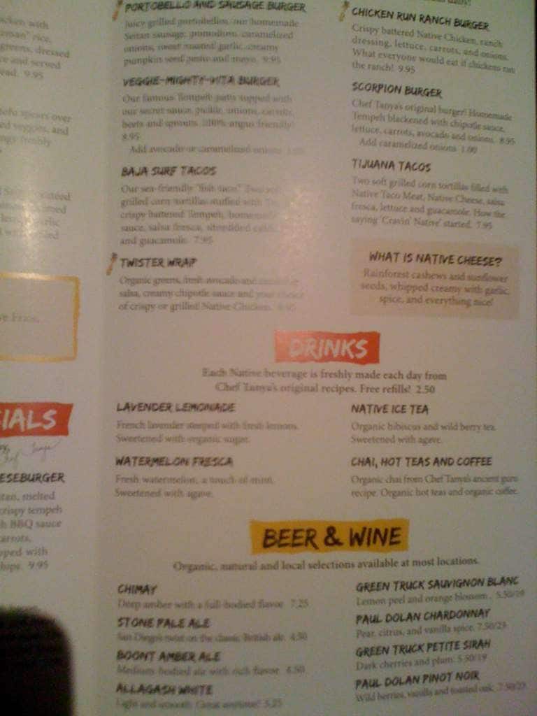 Menu at Native Foods restaurant, Palm Springs