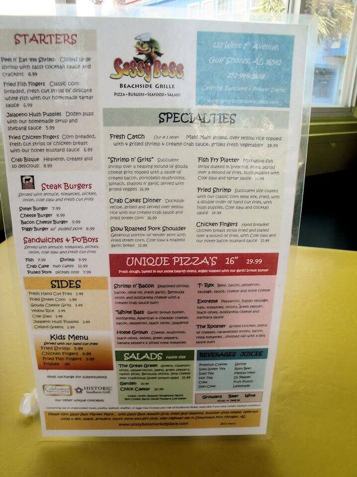 Menu at Sassy Bass Beachside Grill restaurant, Gulf Shores