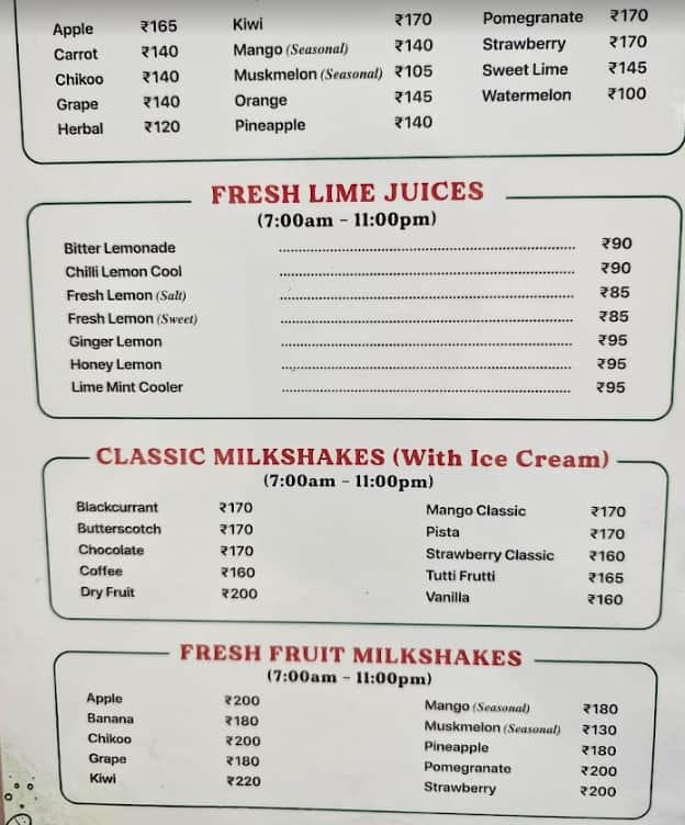 Menu of Geetham Veg Restaurant, T. Nagar, Chennai