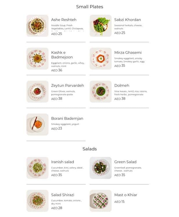 Menu of Iranian Restaurant, Jumeirah 1, Dubai