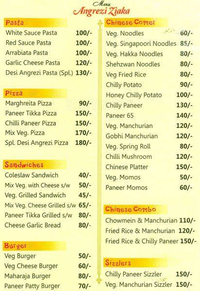 Menu at Desi Angrezi, New Delhi
