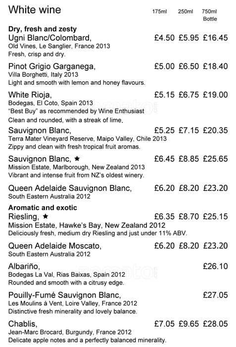 Menu at Queen Adelaide pub & bar, London, 35 Putney Bridge Road
