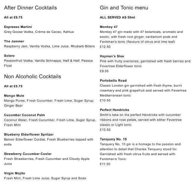 Menu at Smiths of Wapping restaurant, London, 22 Wapping High St