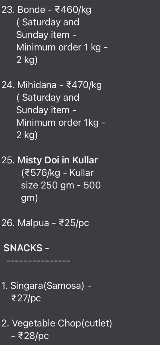 Menu at Babu Moshai Misti, Pune, 27 Raghukul Nagri Aundh Khadki Road Shop