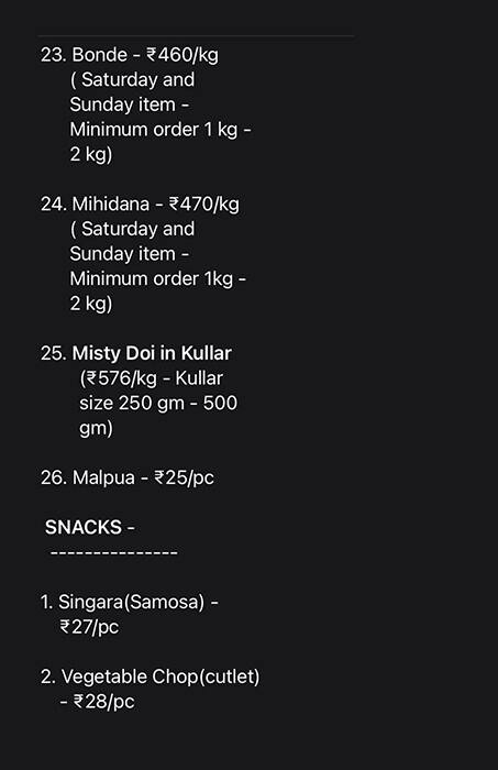Menu at Babumoshai Misti, Pune, 27 Raghukul Nagri Aundh Khadki Road Shop