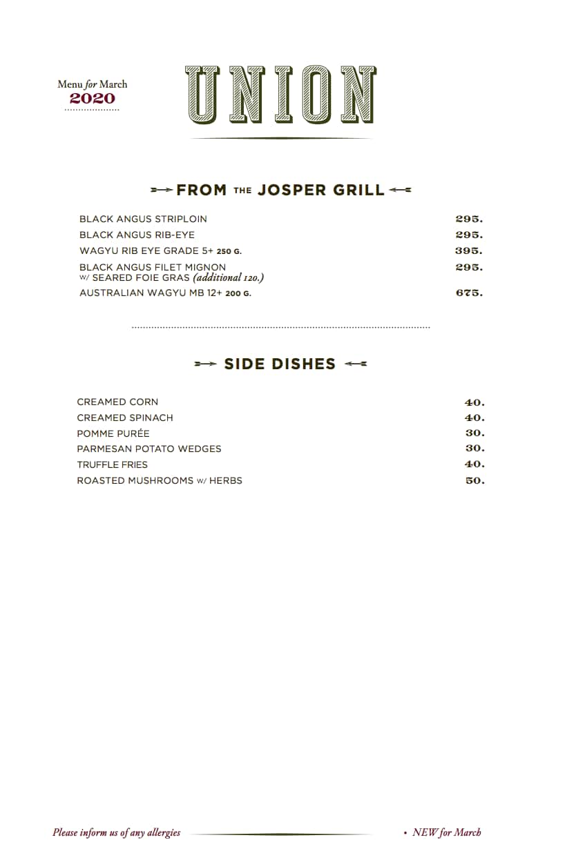 Menu at Union Brasserie, Bakery & Bar, Jakarta, Plaza Senayan Courtyard
