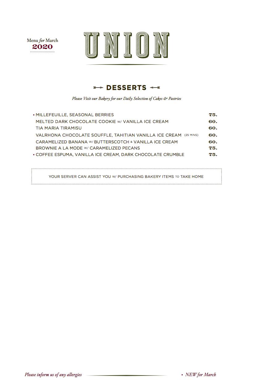 Menu at Union Brasserie, Bakery & Bar, Jakarta, Plaza Senayan Courtyard