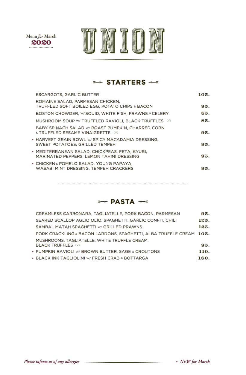 Menu at Union Brasserie, Bakery & Bar, Jakarta, Plaza Senayan Courtyard