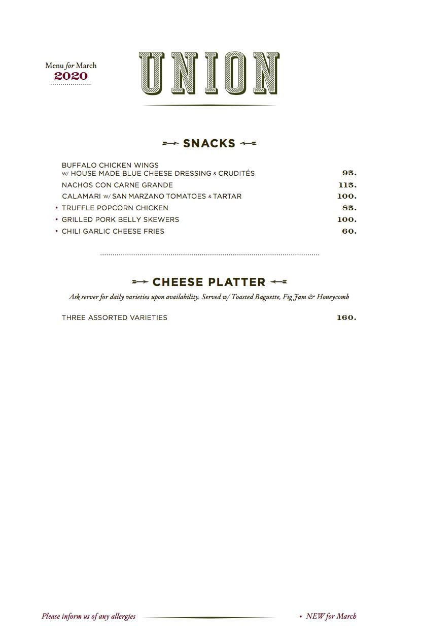 Menu at Union Brasserie, Bakery & Bar, Jakarta, Plaza Senayan Courtyard