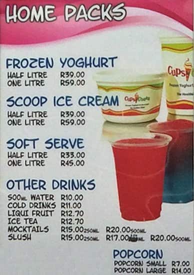 Menu at Cups & Cones desserts, Centurion, Kiosk 9 in Centurion Mall