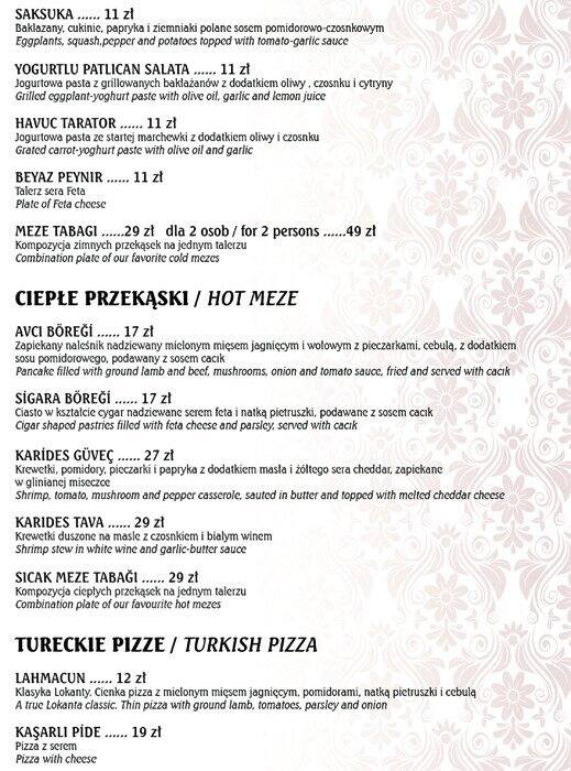 Menu at Lokanta club, Warsaw, Nowogrodzka 47A
