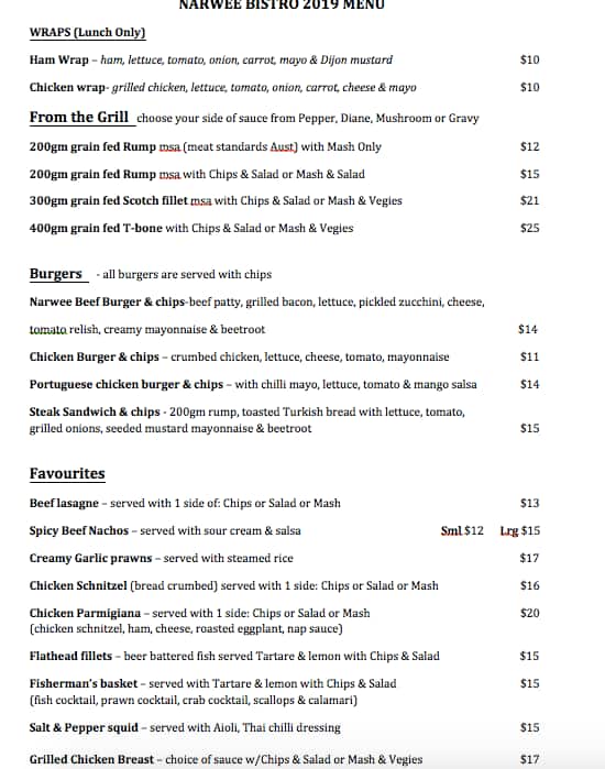 Menu at Narwee Hotel pub & bar, Narwee