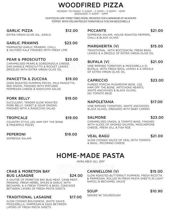 Menu at Via Dolce restaurant, Canberra