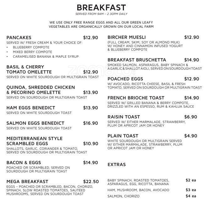 Menu at Via Dolce restaurant, Canberra