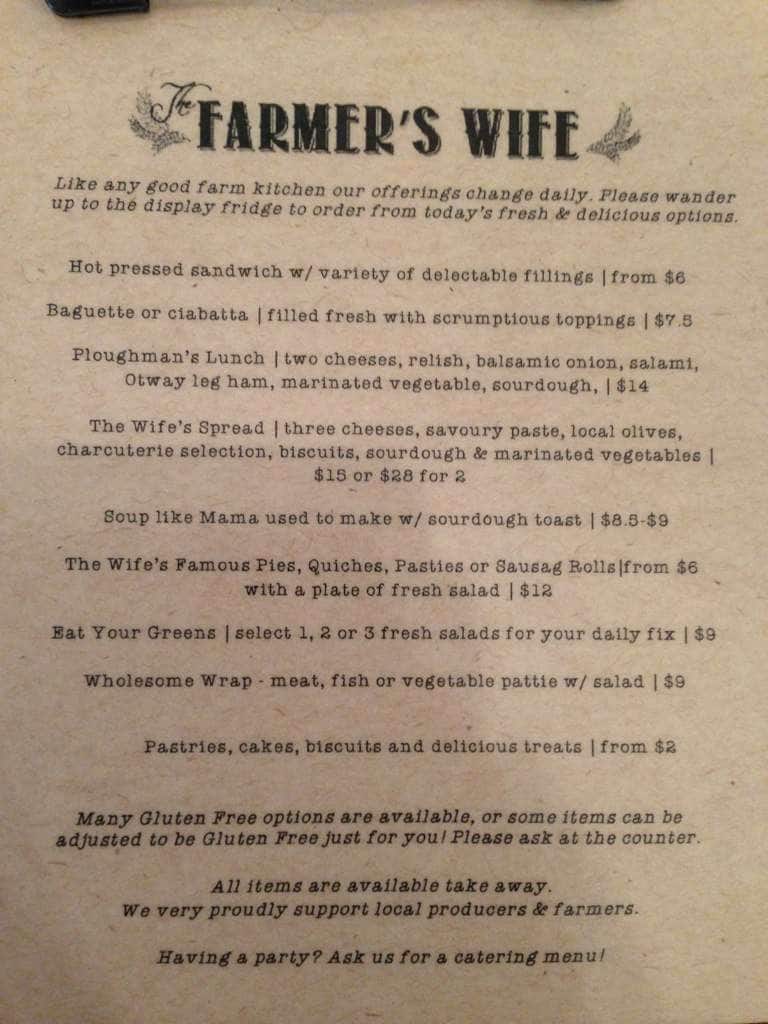 Menu at The Farmer's Son restaurant, Colac