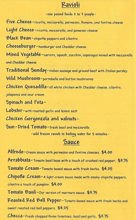 Menu at Holy Ravioli cafe, Dallas