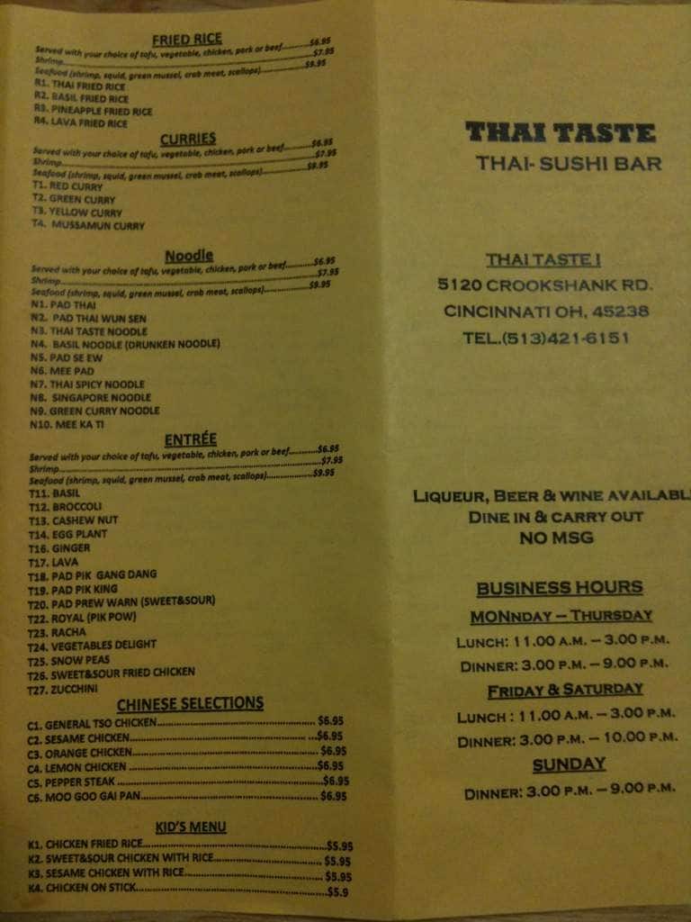 Menu at Thai Taste restaurant, Cincinnati, Crookshank Rd