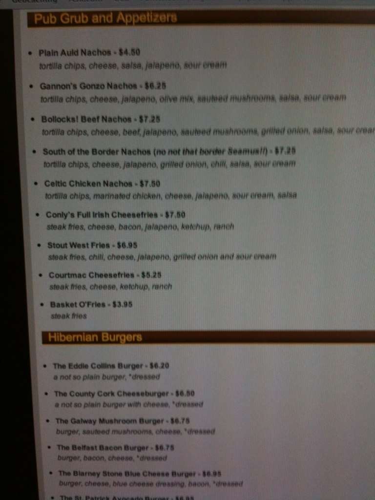 Menu at Enoch's Irish Pub, Monroe