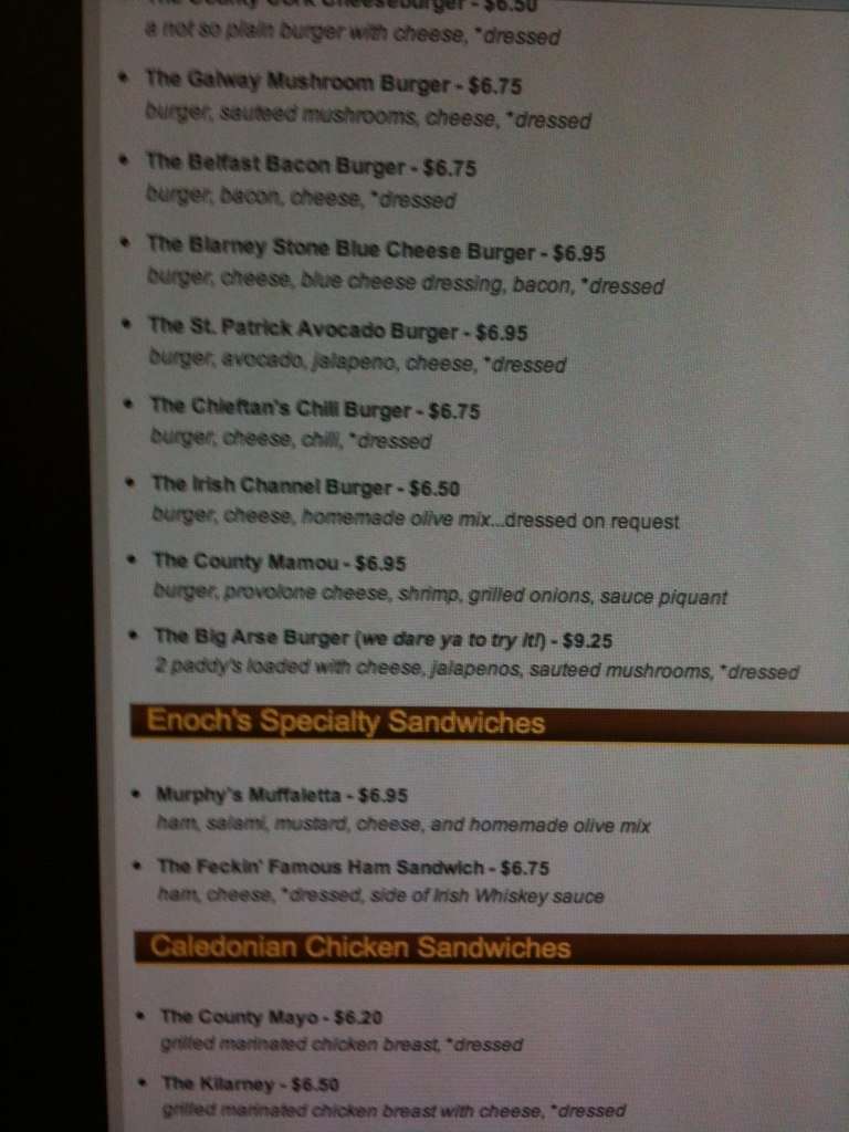 Menu at Enoch's Irish Pub, Monroe