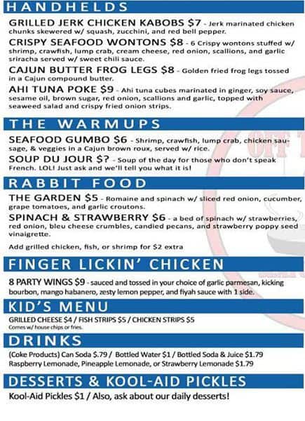 Menu at Off The HooK restaurant, Oklahoma City, 125 W Britton Rd