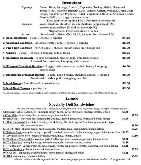 Menu at The Evil Bean restaurant, Denver