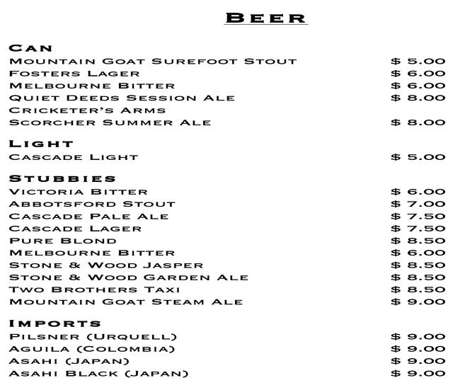 Menu at Star Bar, South Melbourne