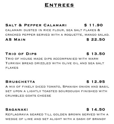 Menu at Star Bar, South Melbourne