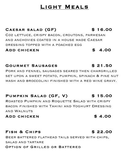 Menu at Star Bar, South Melbourne