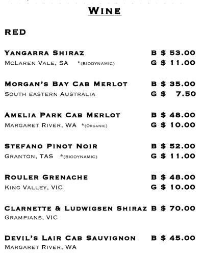 Menu at Star Bar, South Melbourne