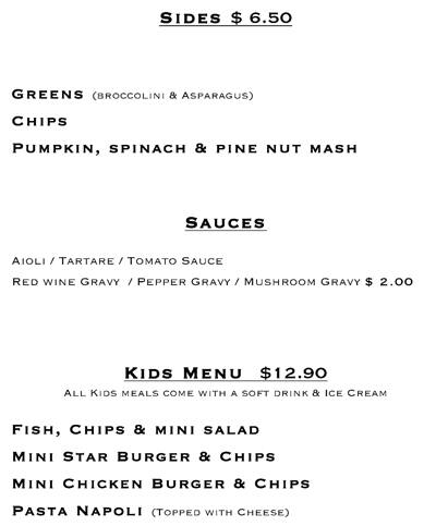 Menu at Star Bar, South Melbourne