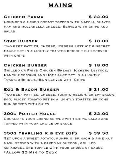 Menu at Star Bar, South Melbourne