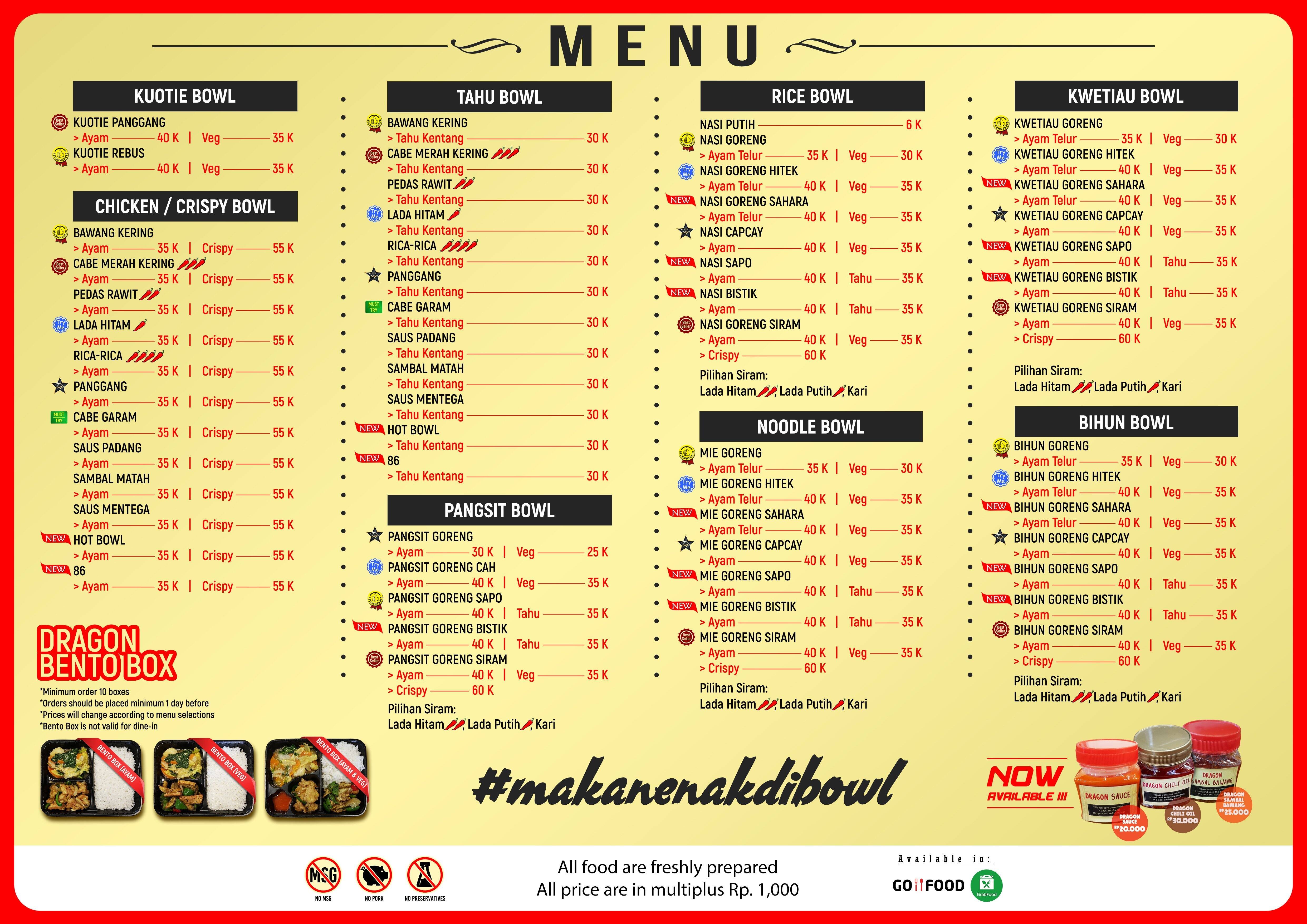 Menu at Dragon Bowl restaurant, North Jakarta