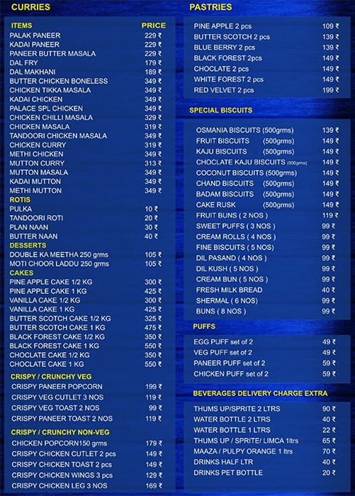 Menu at Biryani Restaurant, Hyderabad