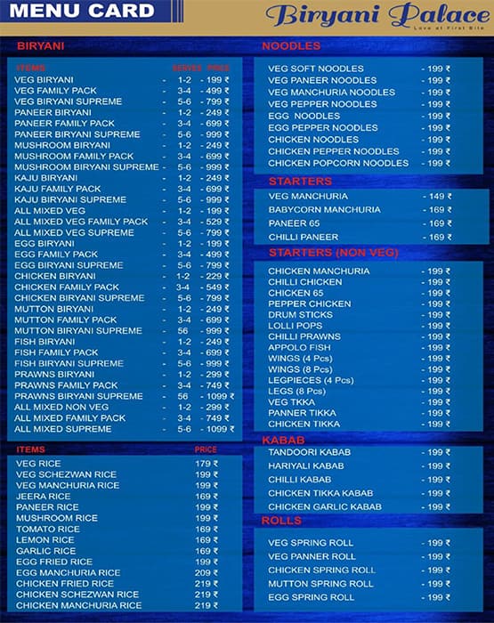 Menu at Biryani Restaurant, Hyderabad