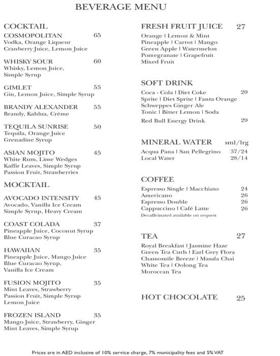 Menu at Anise restaurant, Dubai