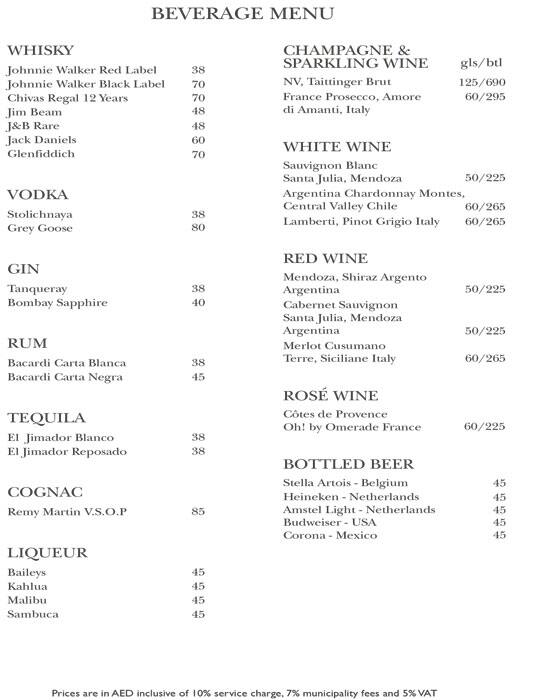 Menu at Anise restaurant, Dubai