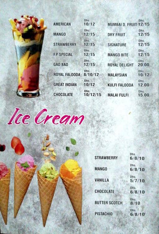 Menu of Falooda Palace Ice Cream, Mussafah Shabiya, Abu Dhabi