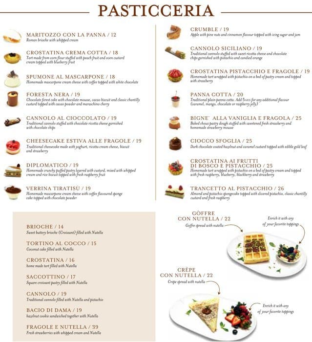 Menu at Nutella cafe, Dubai, Financial Centre Road