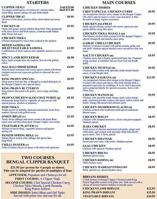 Menu at Bengal Clipper London restaurant, London, 11-12