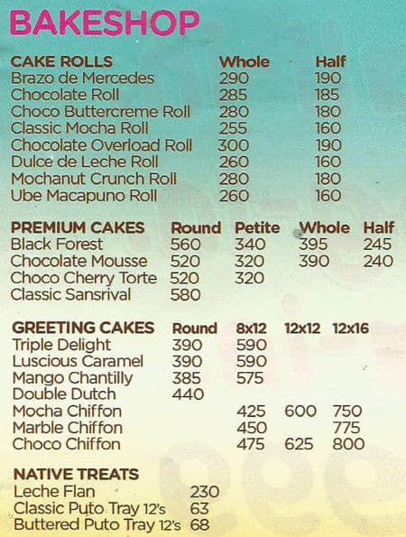 Menu at Goldilocks desserts, Pasay, Taft Avenue Station