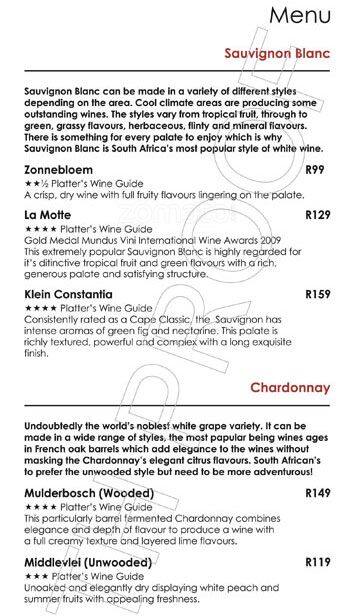 Menu at Versailles Restaurant, Durban