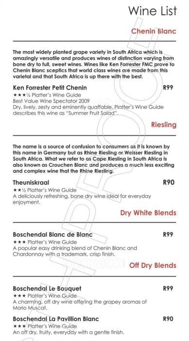 Menu at Versailles Restaurant, Durban