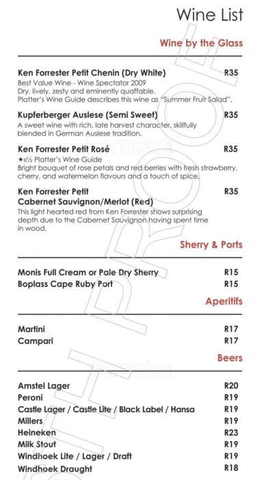 Menu at Versailles Restaurant, Durban