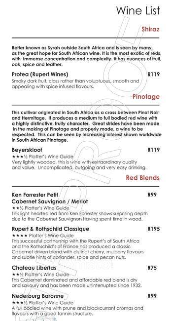 Menu at Versailles Restaurant, Durban