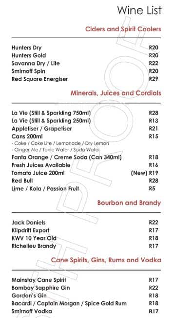 Menu at Versailles Restaurant, Durban