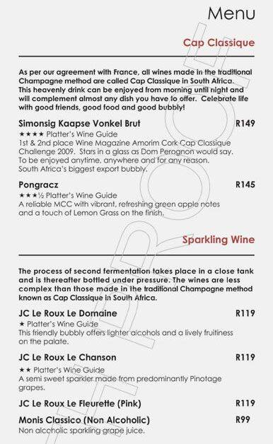 Menu at Versailles Restaurant, Durban