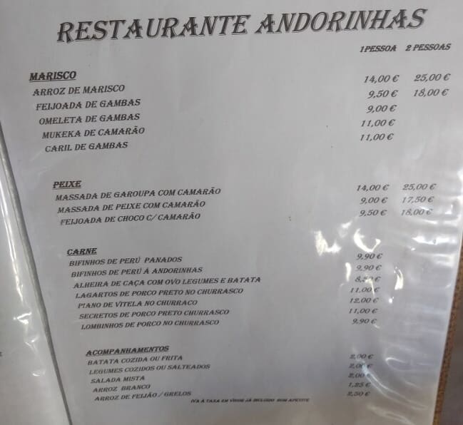 Menu em Andorinhas restaurante, Lisboa, Calçada da Ajuda 197